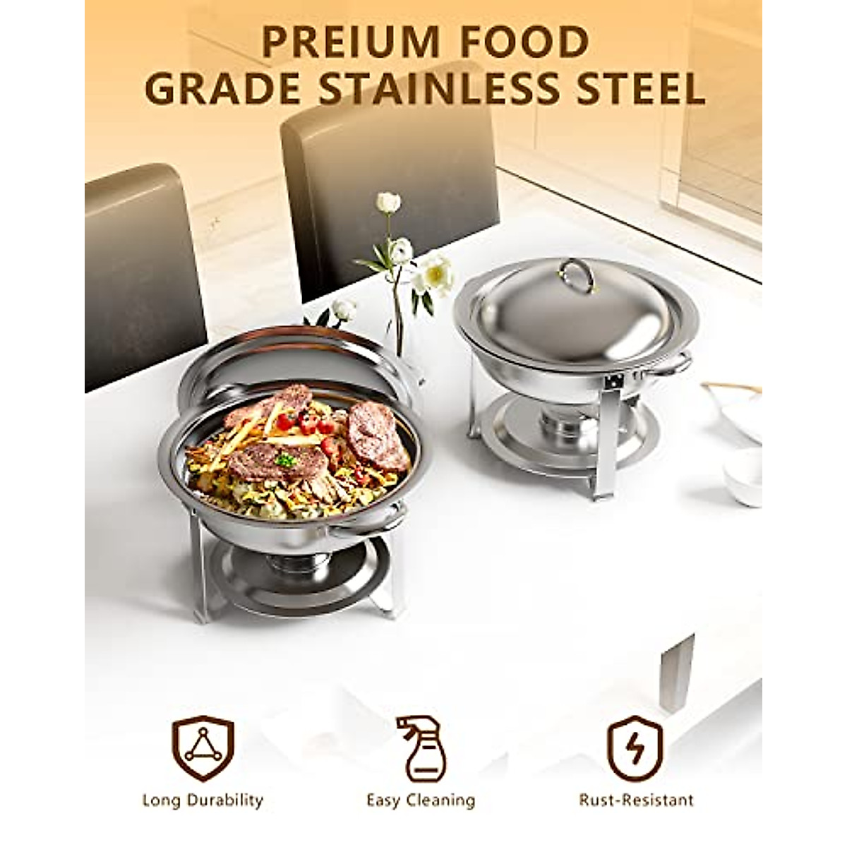 Halamine 2 Packs Round Chafing Dish Buffet Set 5 Quart Stainless Steel Chafer for Catering, Chafers and Buffet Warmers Sets w/Water Pan, Food Pan, Fuel Holder and Lid for Event Party Holiday