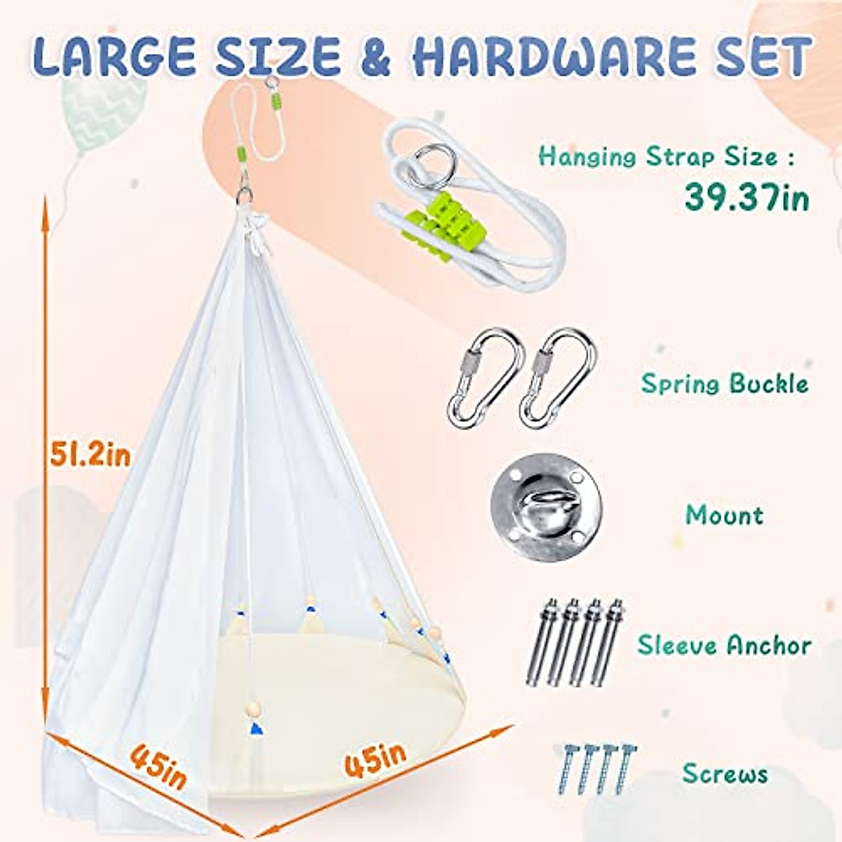 Saucer Swing for Kids, 45 Inch Swing Chair, Outdoor Tree Swing, Indoor Nest Swing Tent with Silky Veil,Disc Swing Set for Backyard,Playground, 500 Lbs Capacity, Beige