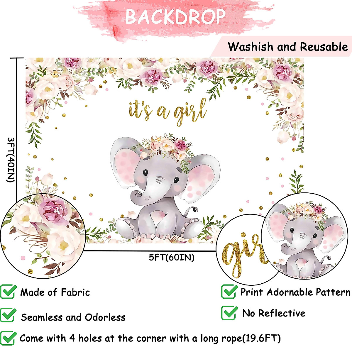 Baby Shower Party Supplies Decorations for Girl - Baby Girl Banner, Latex Balloons, Square Balloons, Elephant Foil Balloon, Pink Elephant Cut-Outs, Toppers, and Backdrop for Baby Shower Birthday Party