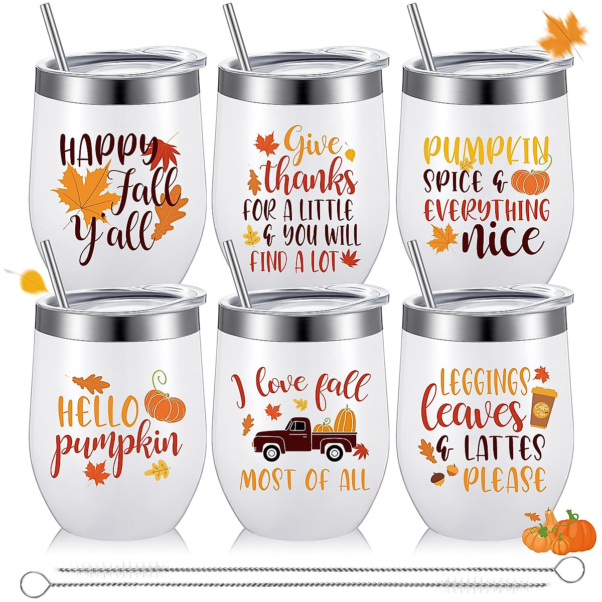 Uiifan 6 Pcs Thanksgiving Happy Fall Y'all 12 oz Wine Tumbler, Novelty Hello Pumpkin Maple Leaves Funny Autumn Gift, Give Thanks Autumn Coffee Mug Decor for Thanksgiving Halloween Party Supplies