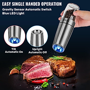 FaCreate Gravity Electric Salt and Pepper Grinder Set,Battery Powered Automatic Operation Electric Salt and Pepper Shakers,LED Light Adjustable Coarseness Premium Stainless Steel Mill of 2 (SILVER)