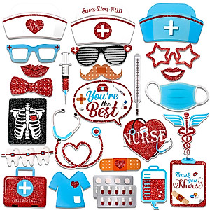 HOWAF 25pcs Thank You Nurses Photo Booth Props, Nurse Appreciation Week Party Supplies Selfie Props, Nurse Themed Photo Booth Props for Happy International Day Party Decorations Supplies
