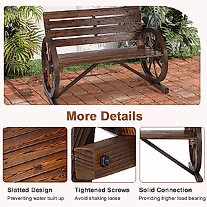 HOMEDIARY Outdoor Wooden Wagon Wheel Bench, Rustic 2-Person Seat Patio Bench w/Slatted Design and Carbonized Finish, Outdoor Patio Furniture w/550lbs High Capacity for Garden Patio Backyard Porch