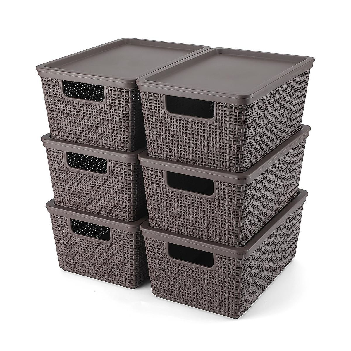 EOENVIVS Plastic Storage Baskets with Lids Kitchen Organizers and Storage Containers Organizer Bins Small Baskets for Shelves Drawers Desktop Closet Playroom Classroom Office, Brown, 6 Pack