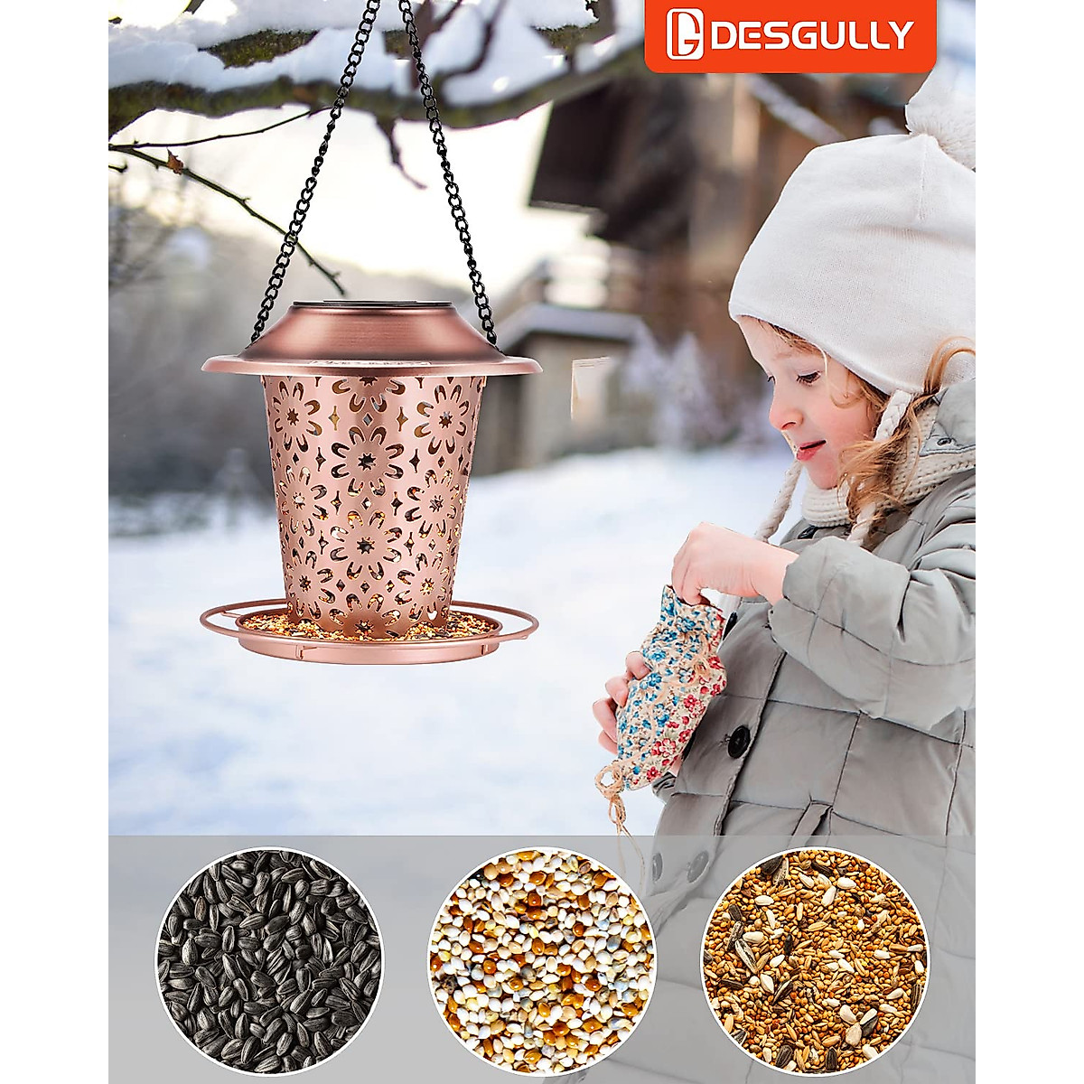 Bird Feeders for Outdoors Hanging Solar Bird Feeder Garden Lantern for Outside Patio Decoration Gift for Wild Bird Lovers Metal Easy to Clean and Fill