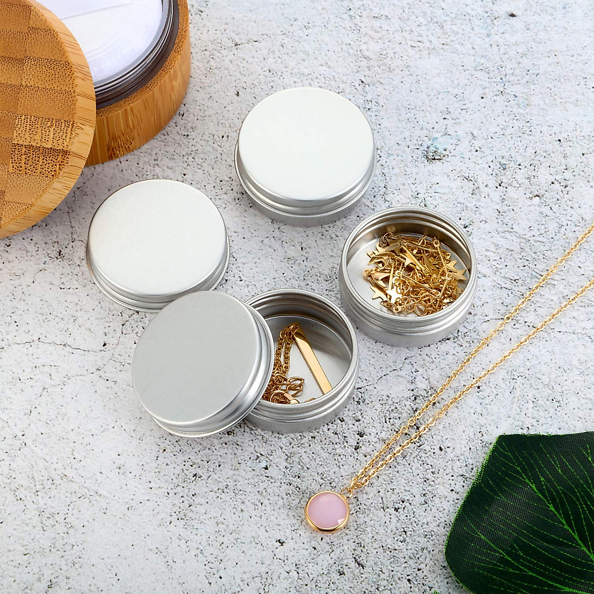 TecUnite 1/2 oz Metal Tins with Lids Mini Tin Containers Aluminum Small Round Cans Silver Screw Top(48 Pack)