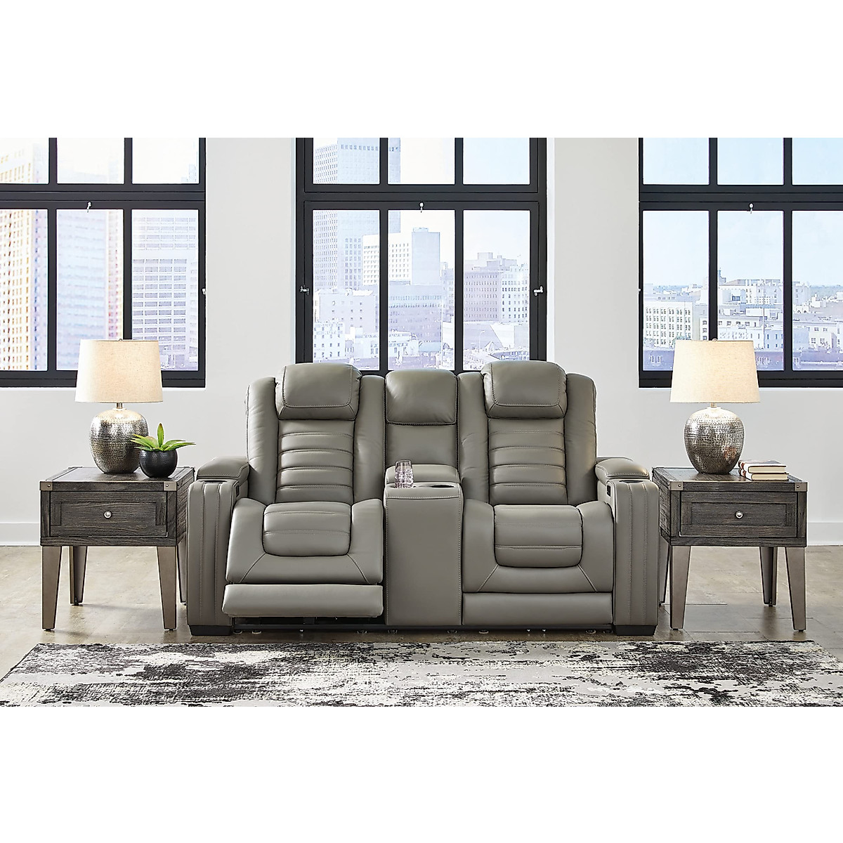 Signature Design by Ashley Backtrack Contemporary Tufted Leather Power Reclining Loveseat with Console and Adjustable Headrest, Light Gray