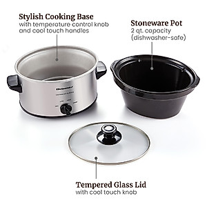 Elite Gourmet MST-275XS Electric Oval Slow Cooker, Adjustable Temp, Entrees, Sauces, Stews & Dips, Dishwasher Safe Glass Lid & Crock (2 Quart, Stainless Steel)
