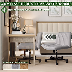 Waleaf Criss Cross Chair with Wheels, Wide Seat Cross Legged Office Chair Armless Ergonomic Office Chair for Home Office, Swivel Adjustable Fabric Wide Desk Chair, Computer Task Vanity Chair