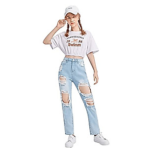 SweatyRocks Teen Girl's High Waisted Straight Leg Ripped Jeans Washed Denim Pants with Pockets Light Wash 12-13Y
