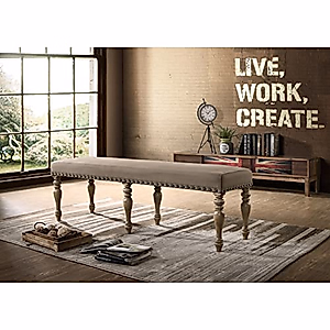Roundhill Furniture Birmingham Microfiber Upholstered Bench with Nail Head Trim in Driftwood Finish