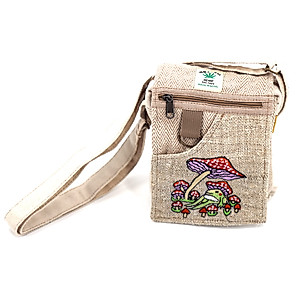 Unique design Mushroom Embroidery Hemp Hobo Passport crossbody bag Festival Travel Bag 100% Himalaya Hemp FAIR TRADE MADE Handmade with Love., Natural White