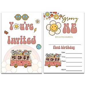Soiceu First Birthday Groovy One 1st Birthday Party Invitations with Envelopes Set of 20 Boho 70's Hippie Van Bus 1st Birthday Party Invites Fill in Blank