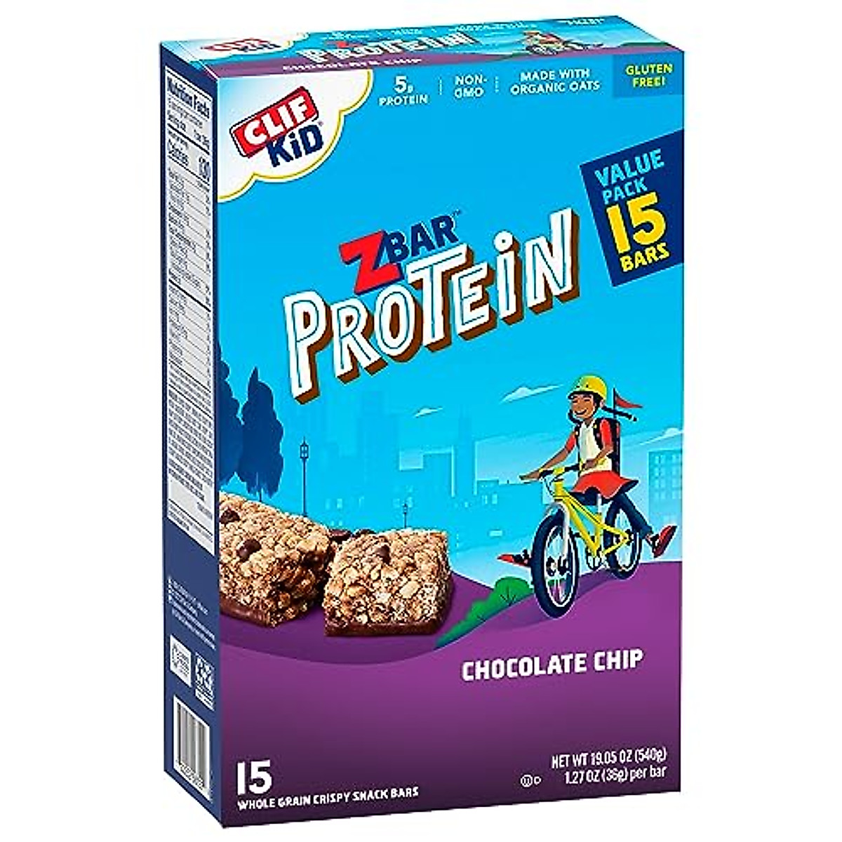 CLIF Kid Zbar Protein - Chocolate Chip - Crispy Whole Grain Snack Bars - Made with Organic Oats - Non-GMO - 5g Protein - 1.27 oz. (15 Pack)