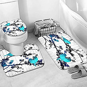 ArtKissMore Bird Tree Shower Curtain Set with Non-Slip Rugs Toilet Lid Cover and Bath Mat Flower Tree and Birds Animal Print Design Bathroom Curtains Fabric Decor with 12 Hooks