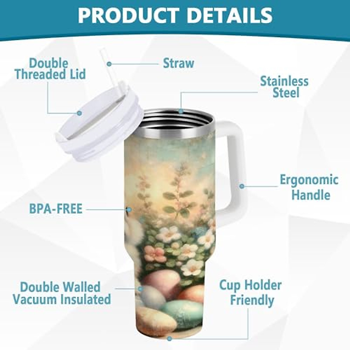 Maunzc 40 oz Tumbler with Handle and Straw, Insulated Stainless Steel Travel Mug with Lid for Coffee, Iced Tea, Water, Gift for Men Women (Cute Easter Bunny)