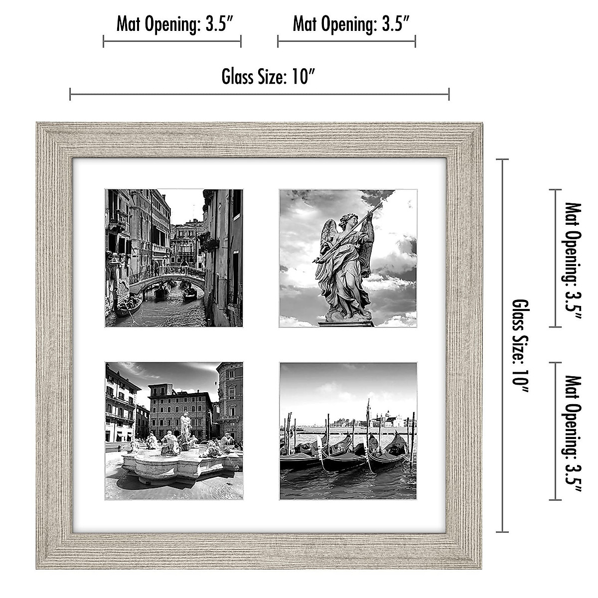 Americanflat 10x10 Collage Picture Frame in Driftwood - Displays Four 4x4 Frame Openings - Engineered Wood Square Picture Frame with Shatter Resistant Glass, and Includes Hanging Hardware for Wall