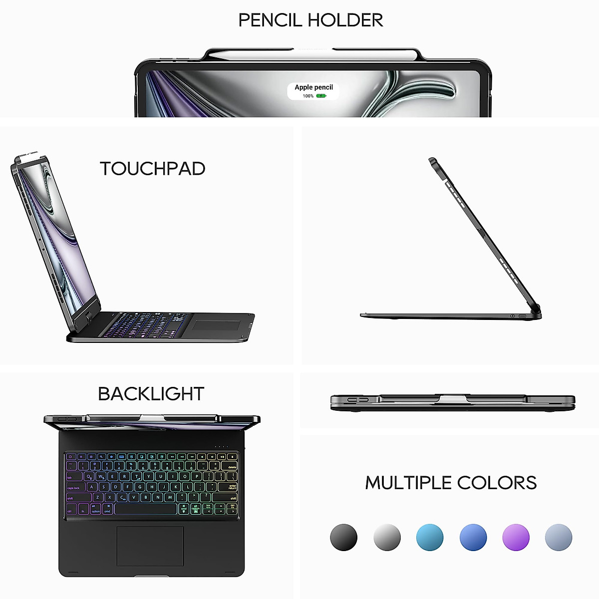 edaiser Swivel Keyboard Case for Apple iPad Pro 12.9 inch 6th Generation 5th 4th 3rd Gen; Wireless Rotatable Cover with Pencil Holder, Multi-Touch Trackpad, Backlit, Black