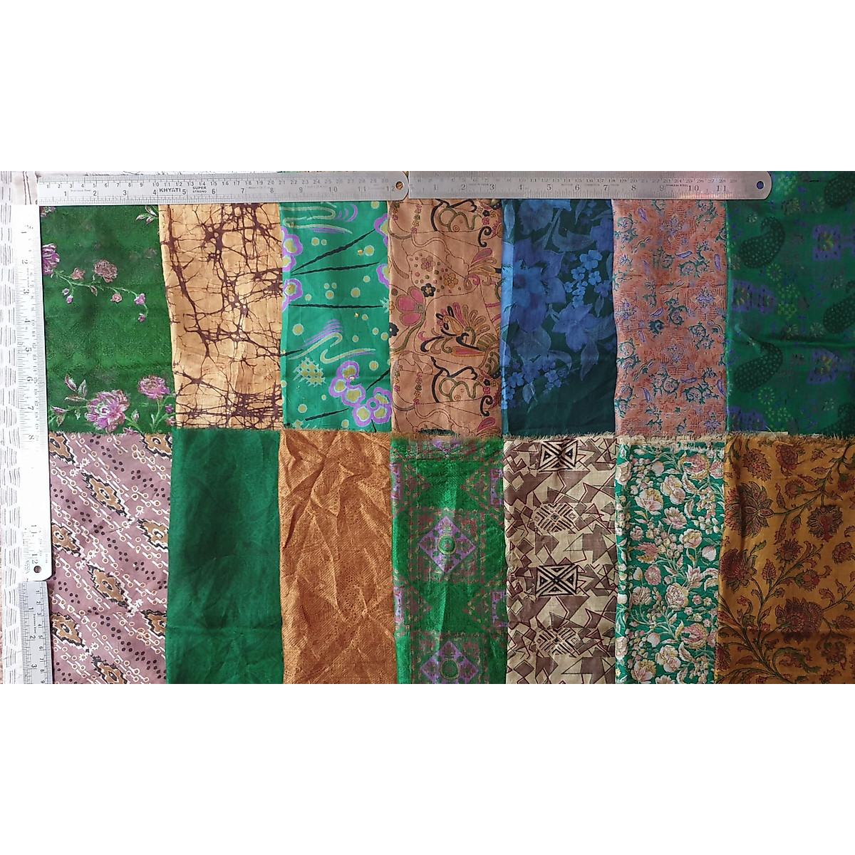 Vintage Sari Fabric 14 Pcs Brown & Green 12"*20" Silk Sari Scrap Remnants Lot for Journal Scrapbook Wrap Craft Project Jewelry Applique DIY Gift Wrap BRGR14