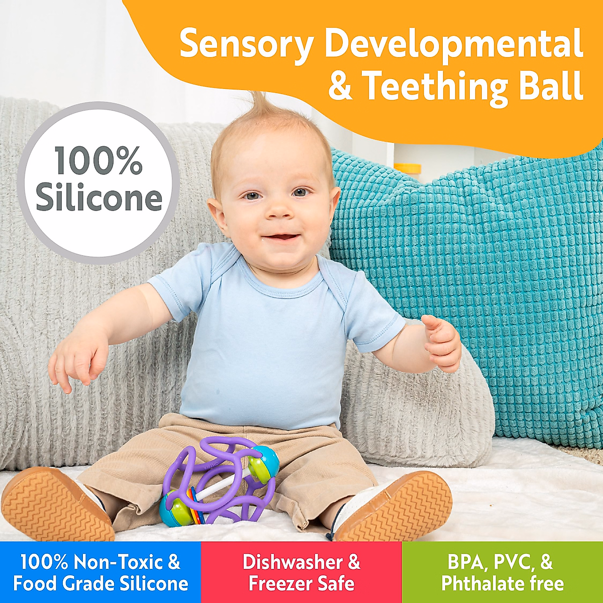 OgoBolli Teether Ring Tactile Sensory Ball and Baby Rattle Toy for Babies & Toddlers - Stretchy, Squishy, Soft, Non-Toxic Silicone - Boys and Girls Age 6+ Months - Purple