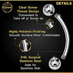 KJM Fashion 4PCS Surgical Steel Curve Barbell 16g 1.2mm 9mm 3mm Ball Tragus Daith Lip Eyebrow Earrings Rook Piercing Jewelry 7484