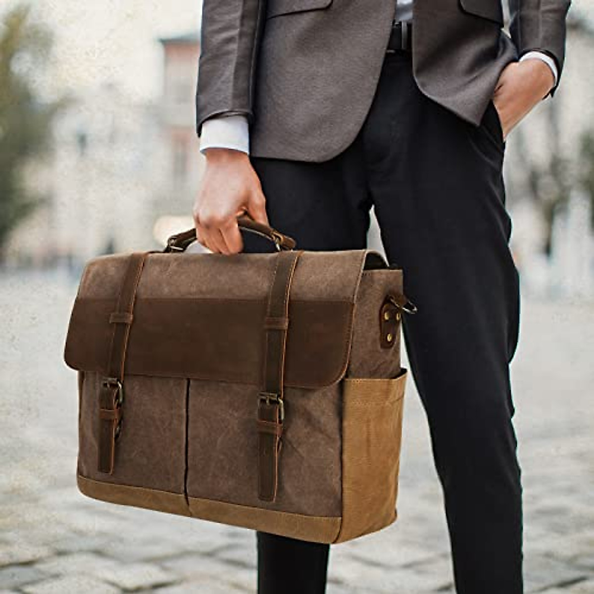Messenger Bag for Men 15.6 Inch Waterproof Large Satchel Bag Vintage Genuine Leather Waxed Canvas Laptop Briefcase Rugged Leather Computer Shoulder Work Bag Brown