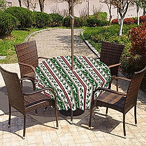Christmas Pattern round outdoor tablecloth,Round Tablecloth with Umbrella Hole and Zipper for Patio Garden,Waterproof Spill-Proof,for umbrella table Patio Garden(52" Round,Dark Green Burgundy White)