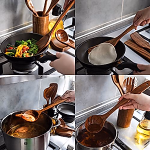 Wooden Spoons for Cooking, Wooden Cooking Utensils Set with Holder & Spoon Rest, Teak Wood Spoons and Wooden Spatula for Cooking, Nonstick Natural and Healthy Kitchen Cookware, Durable Set of 13pcs