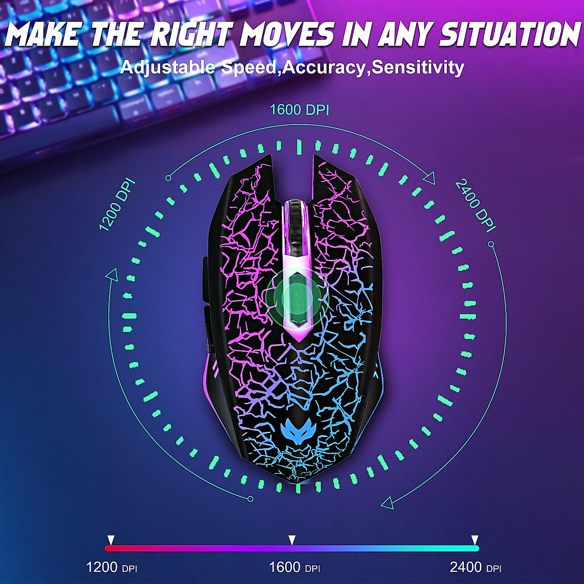 LuLabboard Wireless Gaming Mouse, Rechargeable Wireless Computer Mouse, 7-Color LED Light, Ergonomic Mouse with 6 Silent Click Buttons, 3 Adjustable 2400 DPI Wireless Mouse for Laptop,PC,Mac, Black