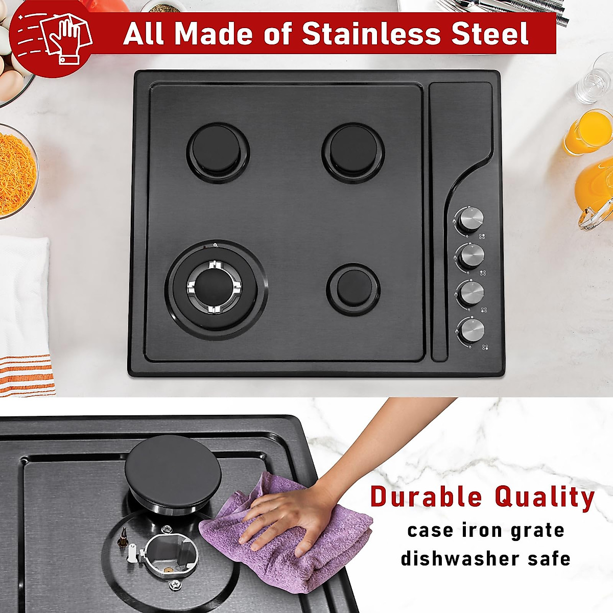 4 Burner Gas Cooktop, 24 Inch LPG/NG Dual Fuel Drop in Gas Stove Top, Stainless Steel Electronic Ignition for Apartment, Outdoor, RV