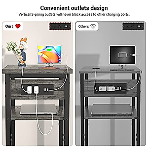 Aheaplus Sofa End/ Side Table Set of 2 with Charging Station, USB Ports & Outlets, 3 Tier Slim Narrow Bedside Nightstand with Storage Shelf for Bedroom, Living Room, Grey Oak