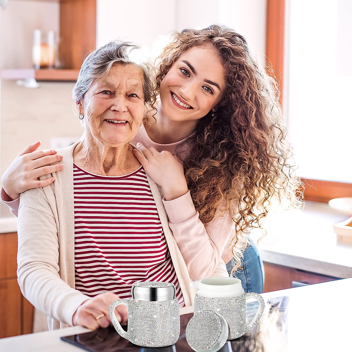 Meanplan Bling Rhinestone Coffee Mug for Christmas Gift Bling Water Bottle Rhinestone Ceramic Portable Travel Cup Crystal Coffee Cup with Lid and Handle for Women Office Home 13.5 oz (White)