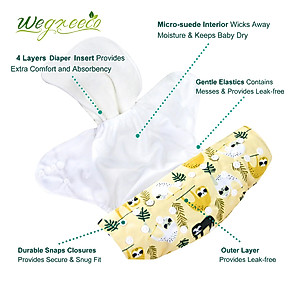 wegreeco Cloth Diapers 6 Pack with 6 Inserts & 1 Wet Bag, Washable Cloth Diapers for Babies, One Size Adjustable Reusable Diapers Baby (Animal World)