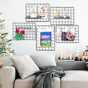 6 Pack 16 x 12 Inch Black Wall Grid Wire Panel with Accessories 1 Black Hanging Wire Basket, 1 Shelf, 1 Hook Rack, 2 Letter Sorter Shelf, 20 Clips, 12 Non Trace Nail, 2 Hemp Rope, Photo Home Decor