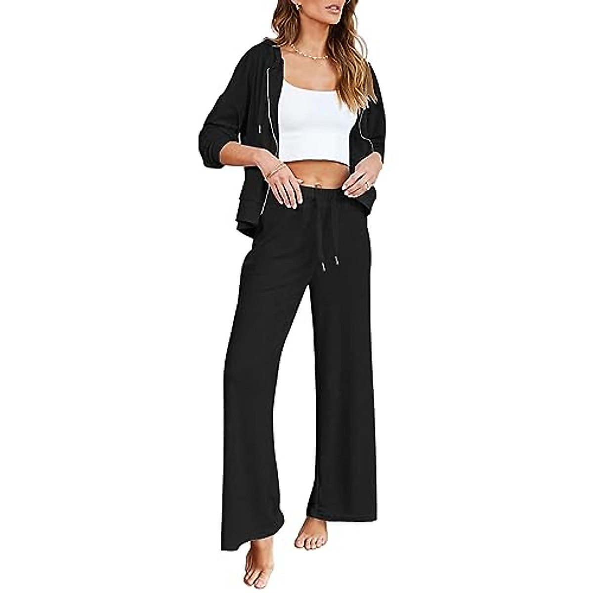 Kisscynest Women's 2 Piece Outfits Lounge Set Zip Up Hoodies High Waist Wide Leg Pants Sweatsuit Black L