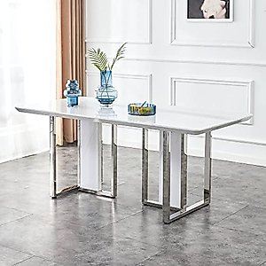 Goderfuu White Marble Dining Table for 8 People - 71 inch Modern Kitchen Dining Room Table with Silver Base, Faux Marble Dining Table Pedestal Table Dinner Table, Large Marble Table for Dining Room