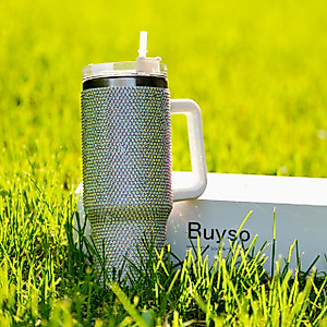Buyso 40 Oz Bling Tumbler With Handle Rhinestones Tumbler With Lid and Straw Fix for Car Cup Holder Insulated Stainless Steel Double Wall Water Cup Travel Mug Tumblr For Women (40 oz, Shiny)