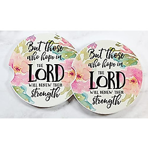 But Those Who Hope in The Lord Will Renew Their Strength - Christian Ceramic Car Coasters - Religious Gifts for Her (Pink Floral)