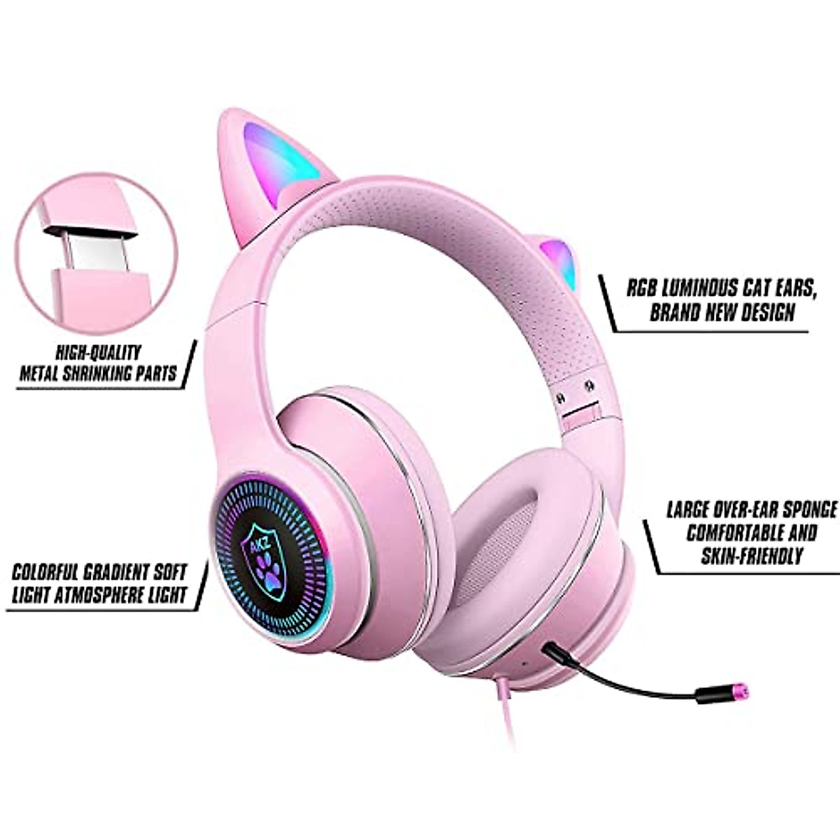 VIGROS Cat Ear Gaming Headphones Wired AUX 3.5mm LED Light, Noise Canceling Game Headphones Stereo Foldable Over-Ear Headsets with Microphone Fit Girls, Kids for PC, PS4, Switch, Xbox, Mobile, Laptop