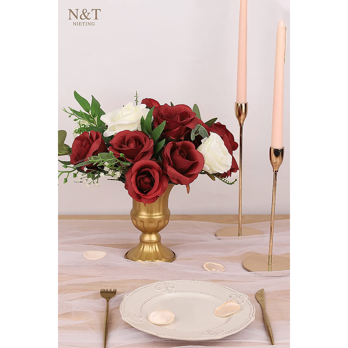 N&T NIETING Artificial Flowers, 20Pcs Silk Rose Fake Flowers with Stems Bridal Wedding Bouquet Baby Shower Home Garden Party Decoration, Dark Red