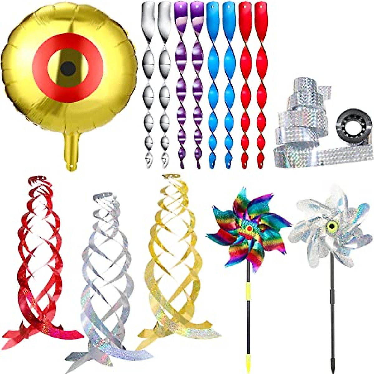 20 Pcs Bird Scare Devices 4 Eyes Balloons 3 Spiral Reflectors 2 Reflective Pinwheels with Stake 10 Reflective Scare Rods 16.4ft Bird Reflective Scare Tape to Keep Birds Away from Patio Pool Garden