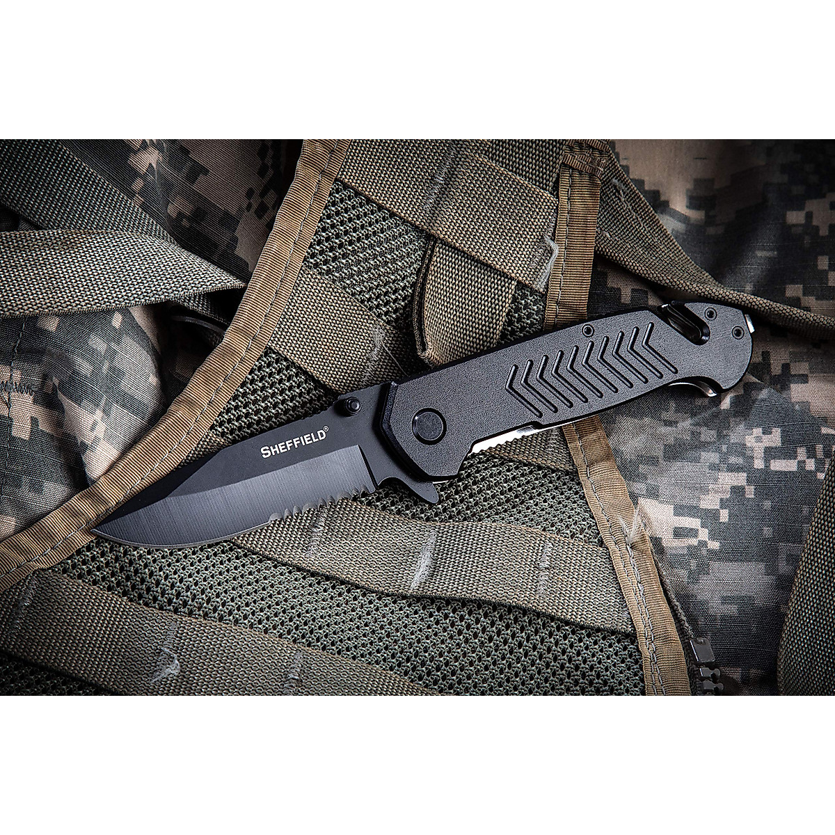 Sheffield 12870 Moab 3.5 Inch Emergency Folding Knife, Partially Serrated Drop Point Blade, Belt Cutter, Glass Breaker, Tactical EDC Pocket Knife