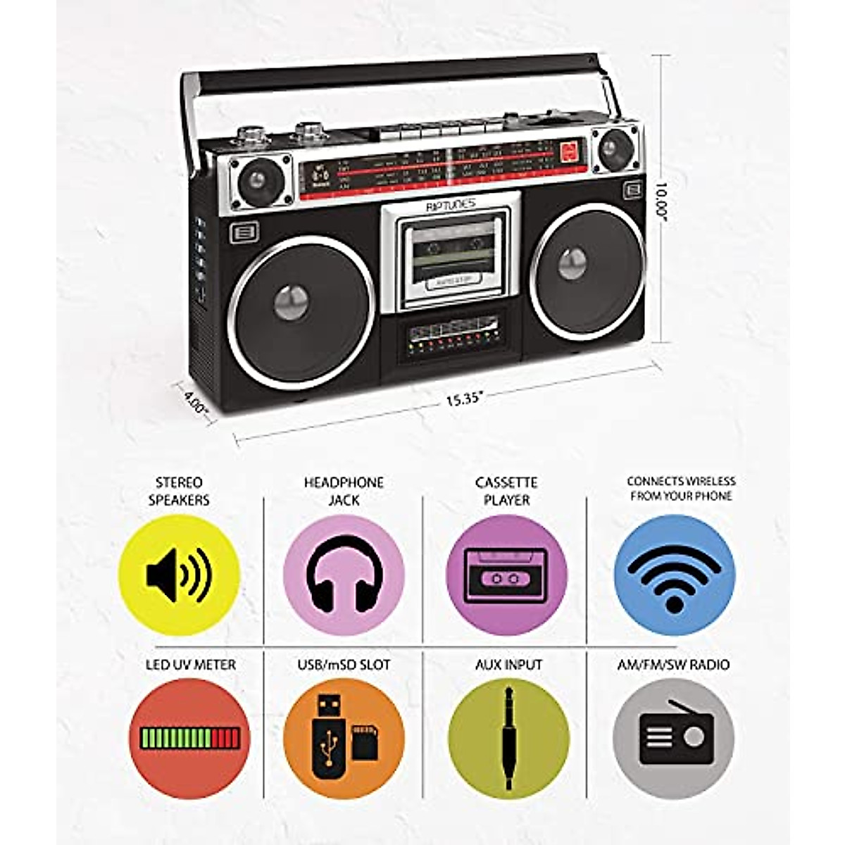 Riptunes Boombox Radio Cassette Player Recorder, AM/FM -SW1/SW2 Radio, Wireless Streaming, USB/Micro SD Slots, Aux in, Headphone Jack, Convert Cassettes to USB/SD, Classic 80s Style Retro, Black
