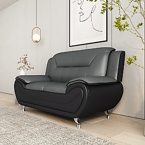 Container Furniture Direct Modern Style Faux Leather Loveseat with Extra Comfortable Pillow Top Armrests Ideal for Living Room, Bedroom or Home Office Couch, 61.3’’ Wide, Grey/Black
