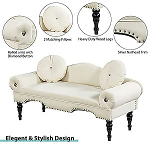 GNIXUU 54” Modern Small Loveseat Sofa, Mid Century Love Seat Couch Settee Velvet Tufted 2 Seater Couches Bedside Entryway Bench with 2 Pillows Nailhead Trim for Bedroom, Living Room(Beige)