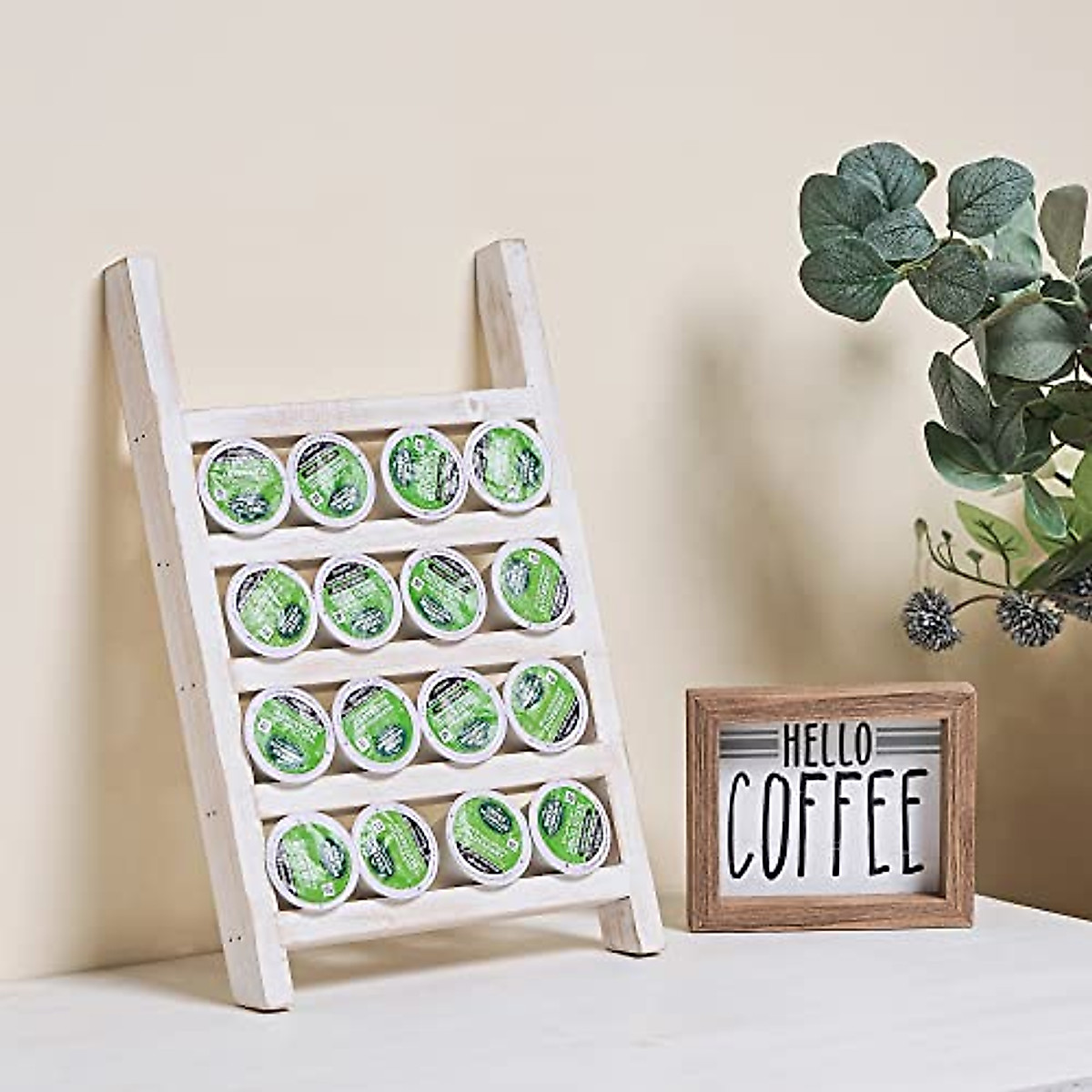 GENMOUS Farmhouse K Cups Ladder Coffee Pod Holder For Countertop, Rustic Wood Keurig Pod Holder K cup Organizer For Home Kitchen Storage, Coffee Station Organizer For Coffee Bar Accessories White