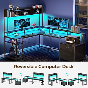 Rolanstar Computer Desk with File Drawers, 99.2" L Shaped Gaming Desk with Hutch, Reversible Desk with Power Outlet, LED Strip & Monitor Stand, 2 Person Home Office Desk, Black