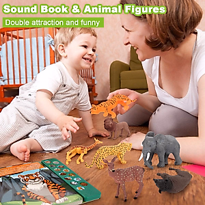 Tudoccy Safari Animals Figures Toys - 13 Realistic Wild Plastic Animal Figurines & Kids Sound Book - Educational Learning Toys Gift for 3 Years Old & Up Boys Girls Toddlers
