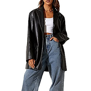 BHMAWSRT Womens Leather Blazer Coat, Long Sleeve Lapel Faux PU Leather Jacket Button Front Trench Coat (Black Blazer, Large)