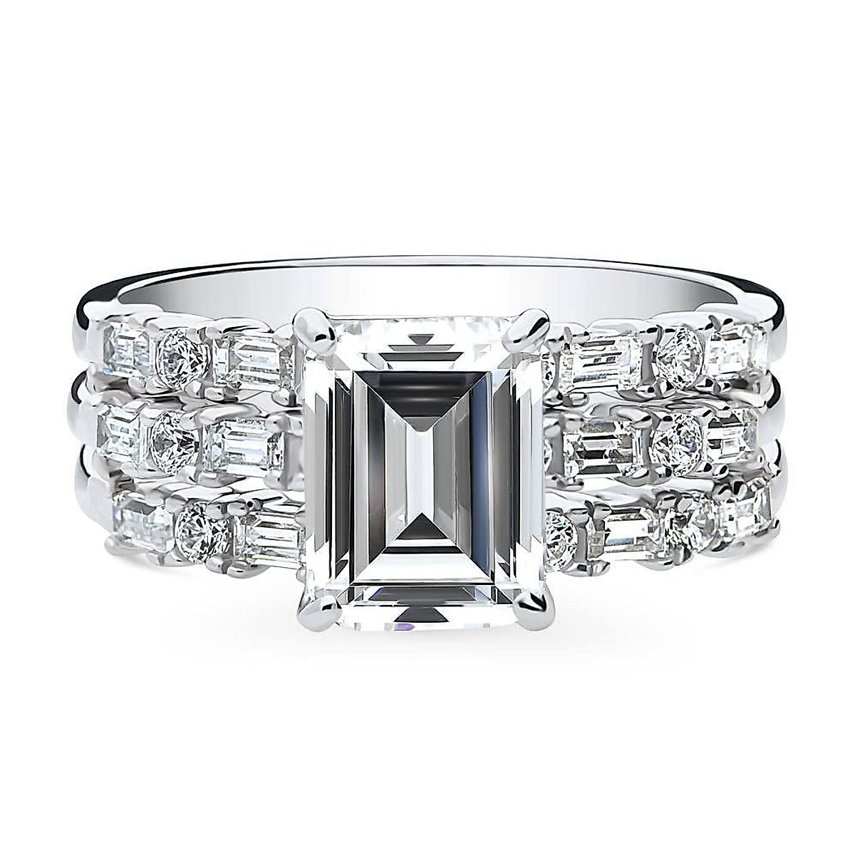 BERRICLE Sterling Silver Solitaire Wedding Engagement Rings 2.1 Carat Emerald Cut Cubic Zirconia CZ Art Deco Ring Set for Women, Rhodium Plated Size 9